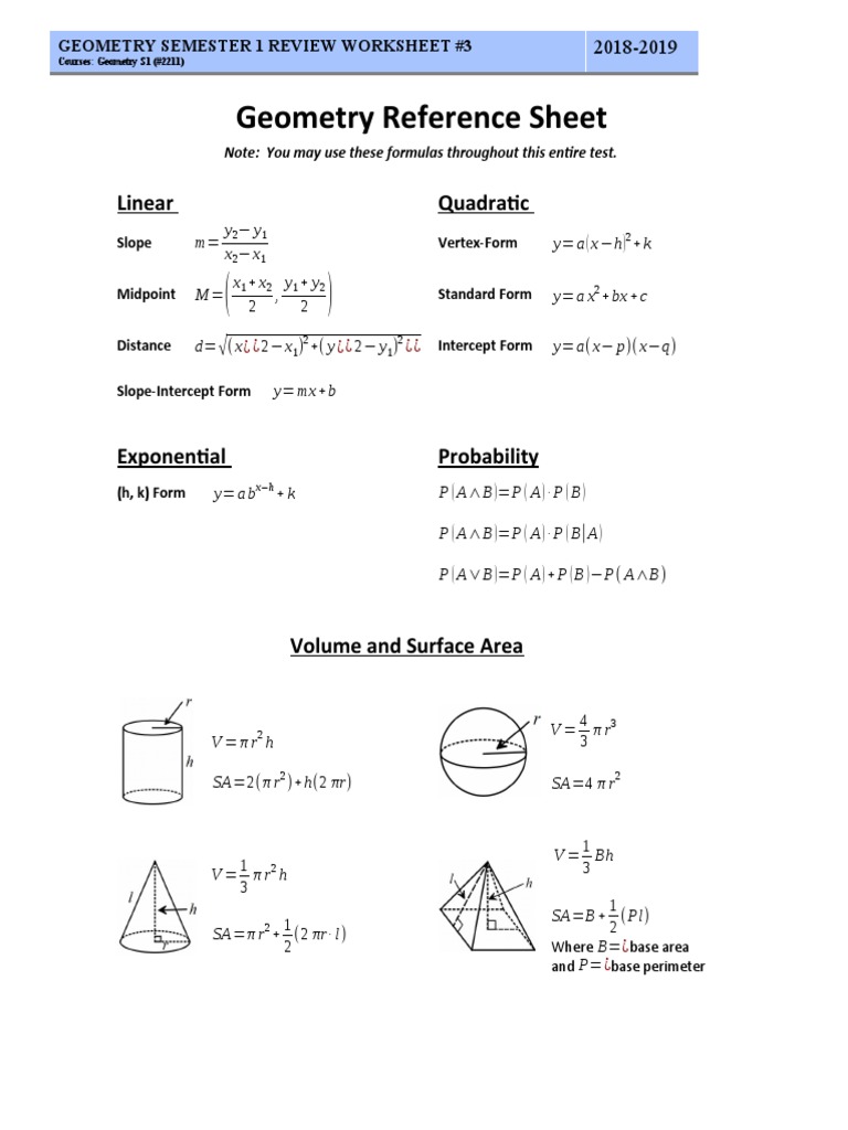Geometry Reference Sheet: Linear Quadratic | PDF | Angle | Line (Geometry)
