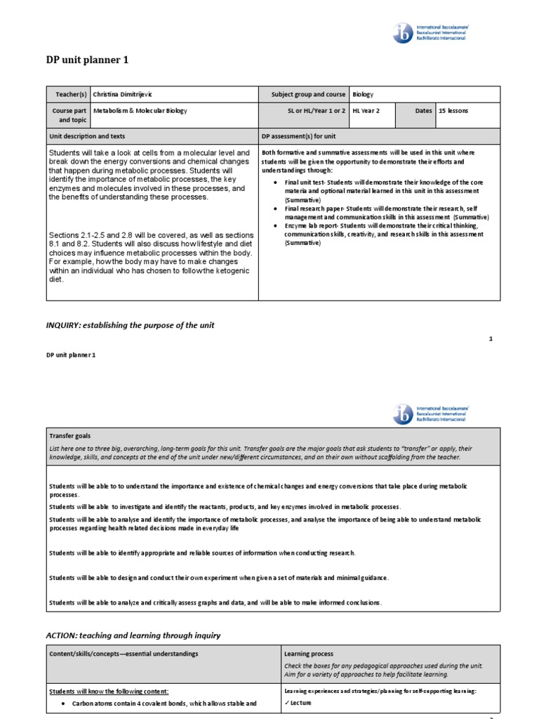 IB Unit Plan | PDF | Adenosine Triphosphate | Cellular Respiration