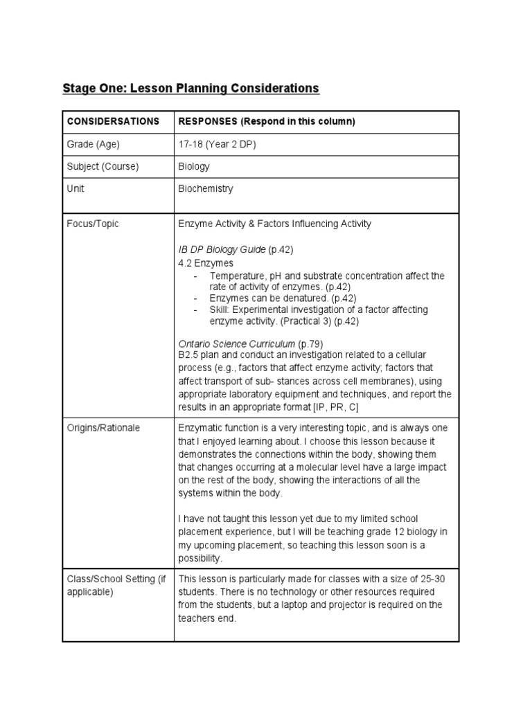 IB Lesson Plan | PDF | Catalase | Enzyme