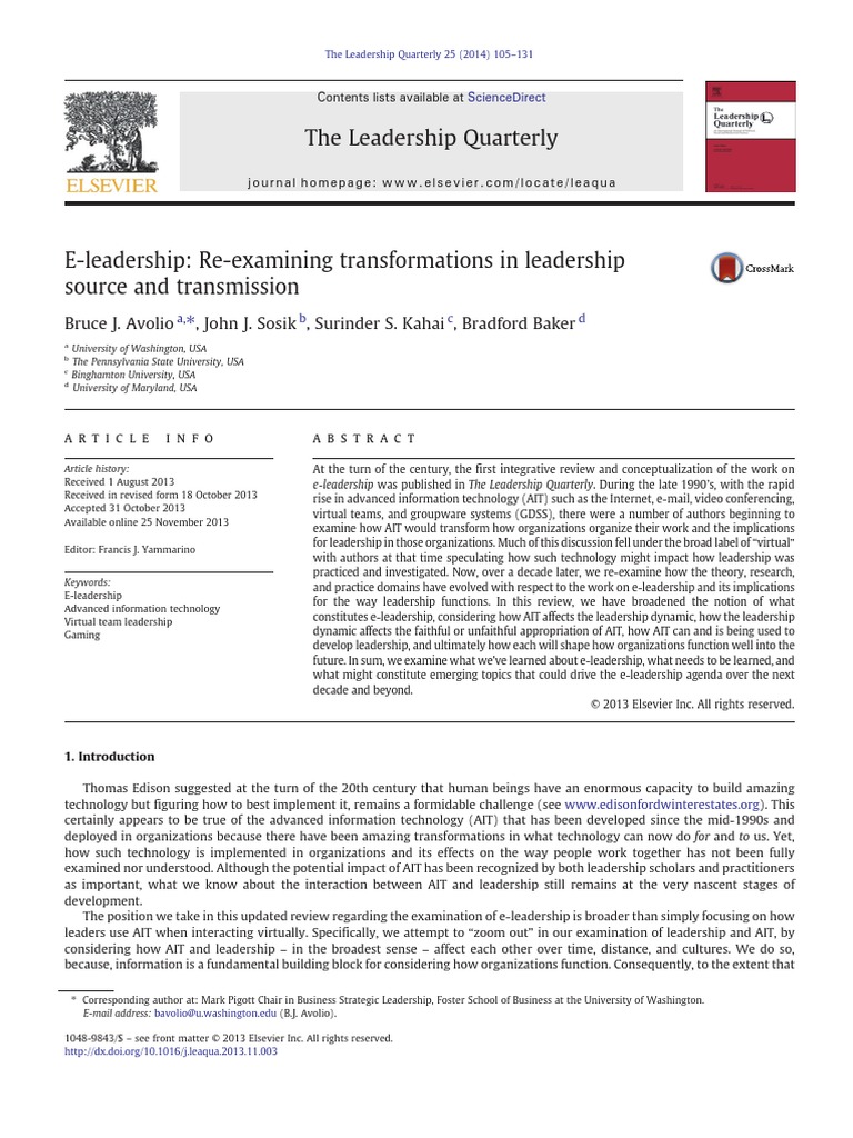 The Leadership Quarterly: Bruce J. Avolio, John J. Sosik, Surinder S ...