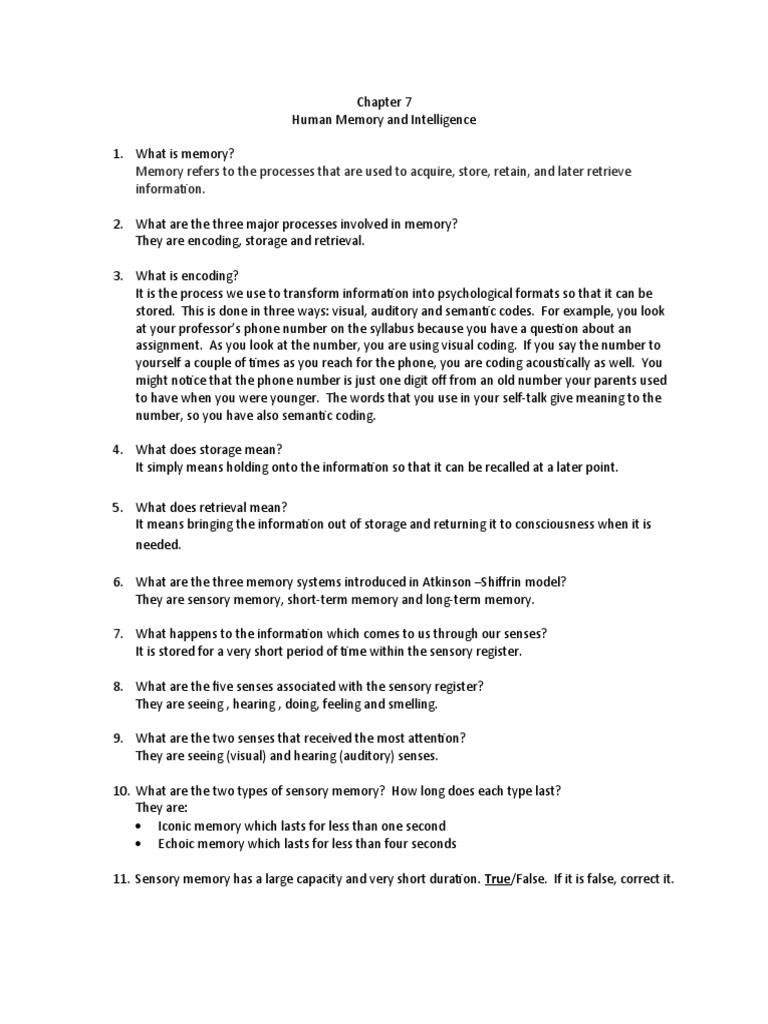 General Psychology Questions and Answers For Chapter 7 | PDF | Memory ...