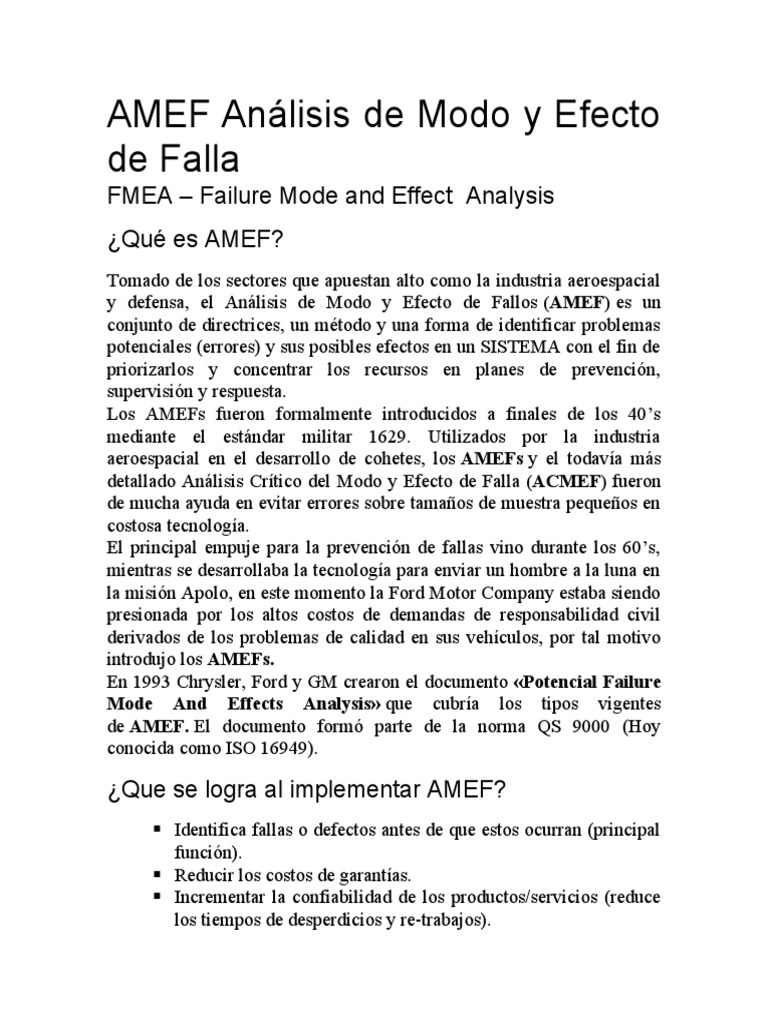 AMEF Análisis de Modo y Efecto de Falla | PDF | Diseño | Riesgo