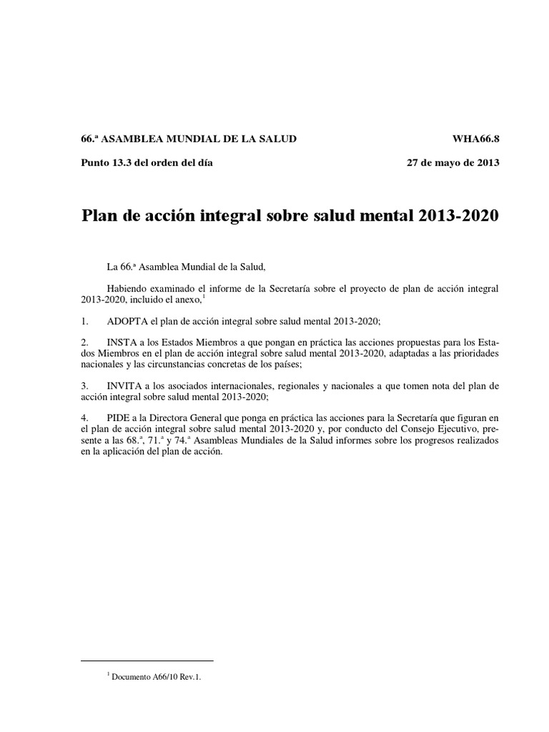 Plan de Accion Integral Sobre Salud Mental Oms 2013-2020 | PDF | Salud ...
