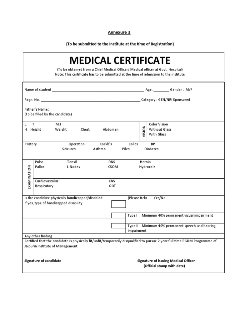 Annexure-3 (Medical Certificate) | Download Free PDF | Disability ...