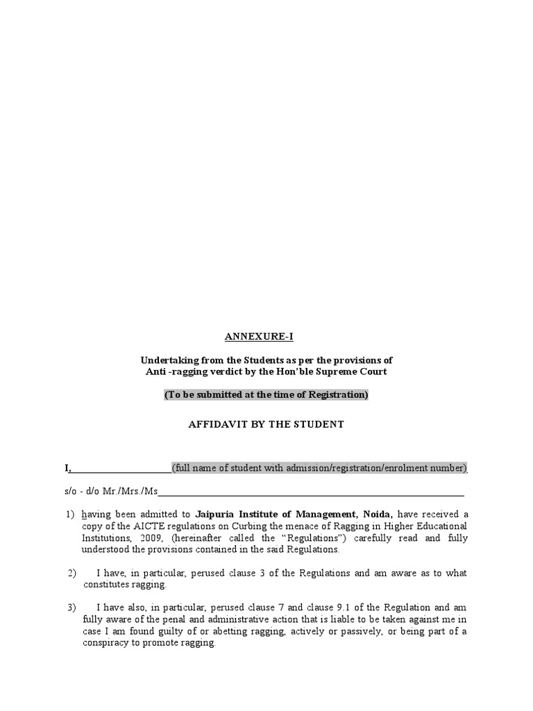 Annexure-1 (Format of Anti-Ragging Affidavit) | PDF | Affidavit | Crime ...