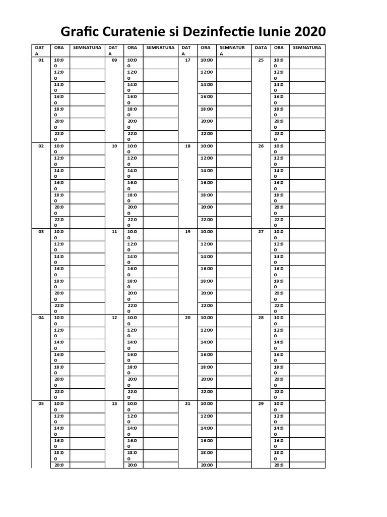 Grafic Curatenie Si Dezinfectie Iunie 2020 | PDF