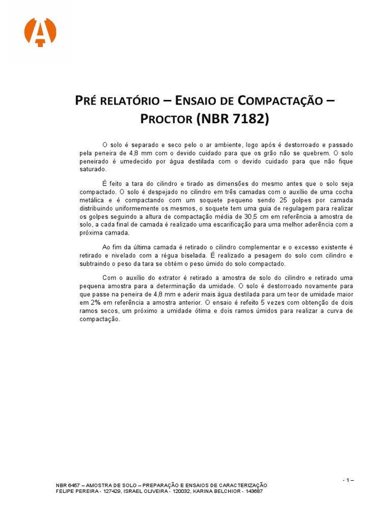 Pré-relatório do ensaio de compactação Proctor (NBR 7182) para ...
