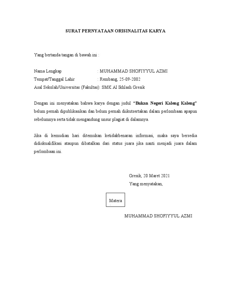 Surat Pernyataan Orisinalitas Karya | PDF