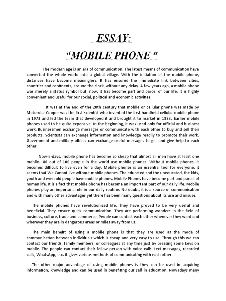 Essay: "Mobile Phone " | PDF | Text Messaging | Mobile Phones