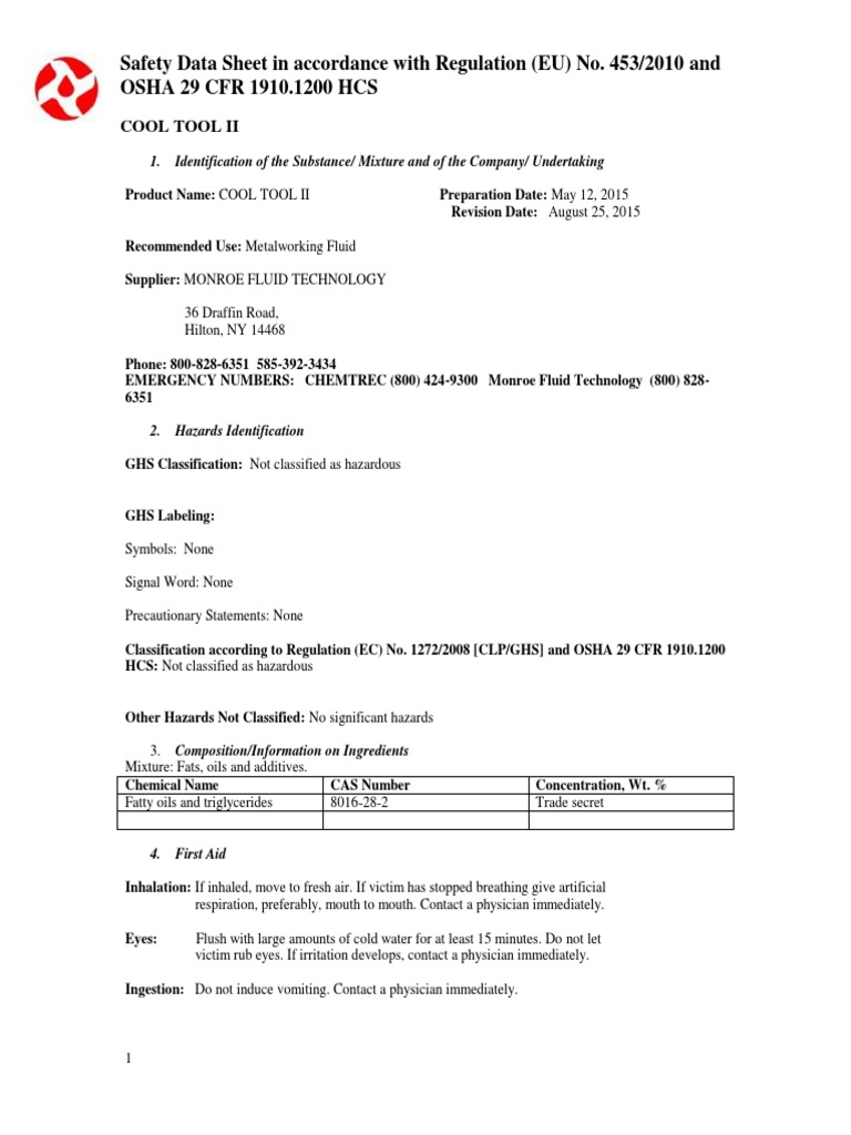 Cool Tool II Safety Data Sheet | PDF | Safety | Water