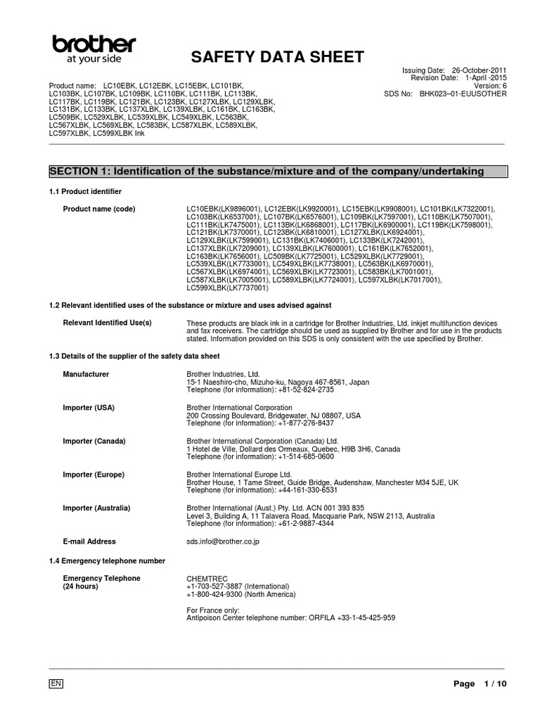 Sds Msds 000021 Brother Lc109bk 2009 04-15 Eaton | PDF | Firefighting ...