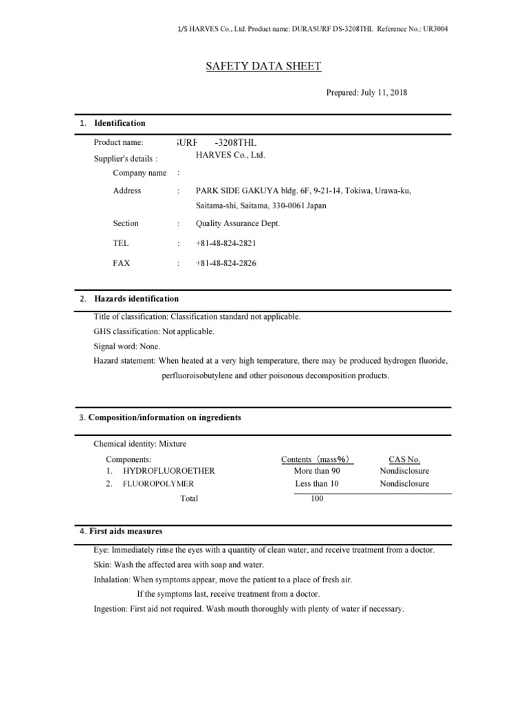 DURASURF DS-3208THL Safety Data Sheet | PDF | Water | Materials