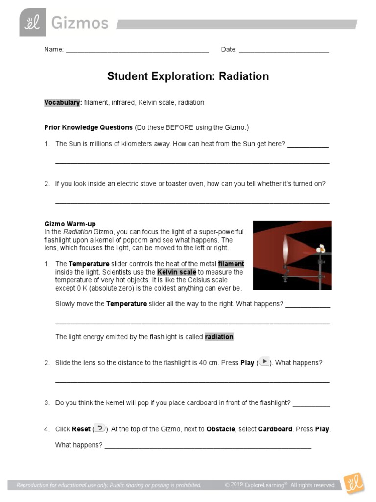 Student Exploration: Radiation: Vocabulary: Filament, Infrared, Kelvin ...