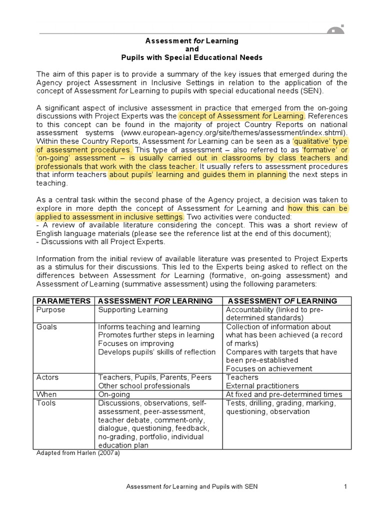Assessment For Learning and Pupils With Special Educational Needs ...