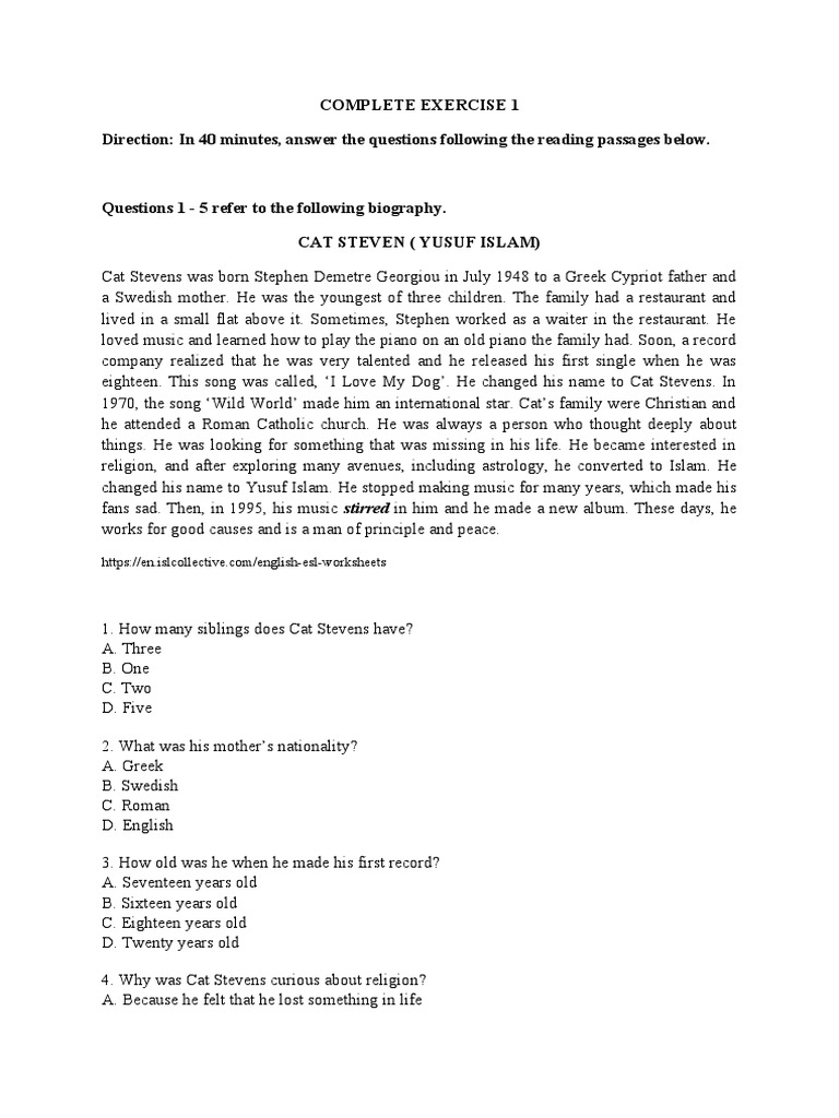 Complete Exercise 1 Direction: in 40 Minutes, Answer The Questions ...