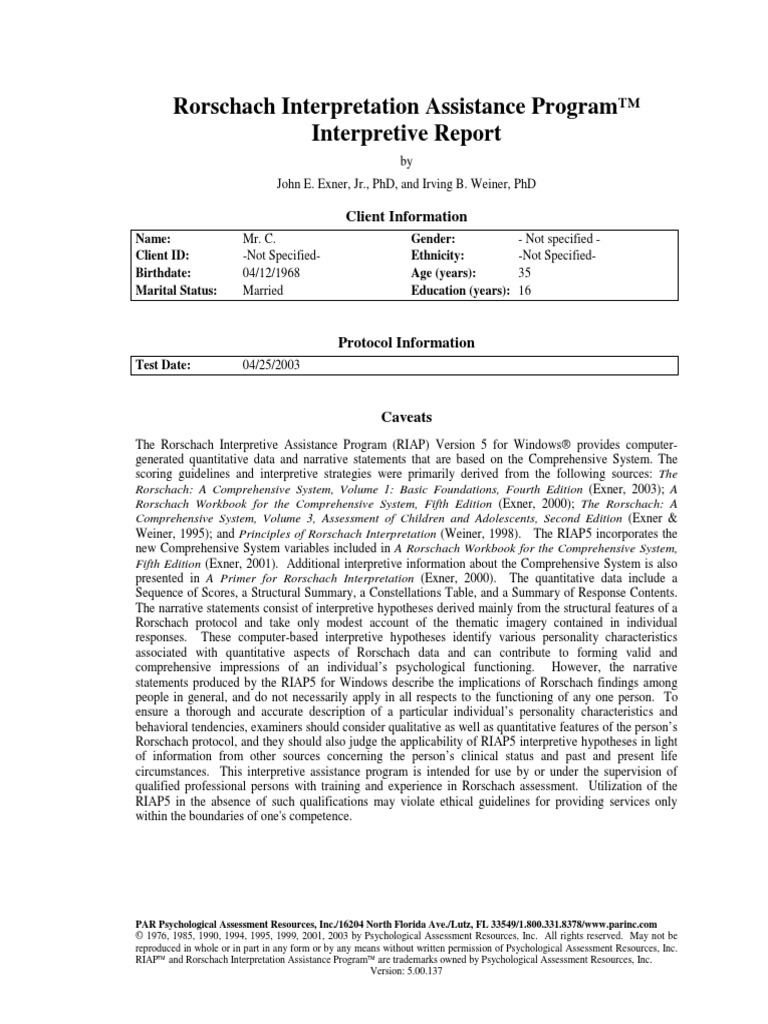 Rorschach Interpretation Assistance Program™ Interpretive Report | PDF ...