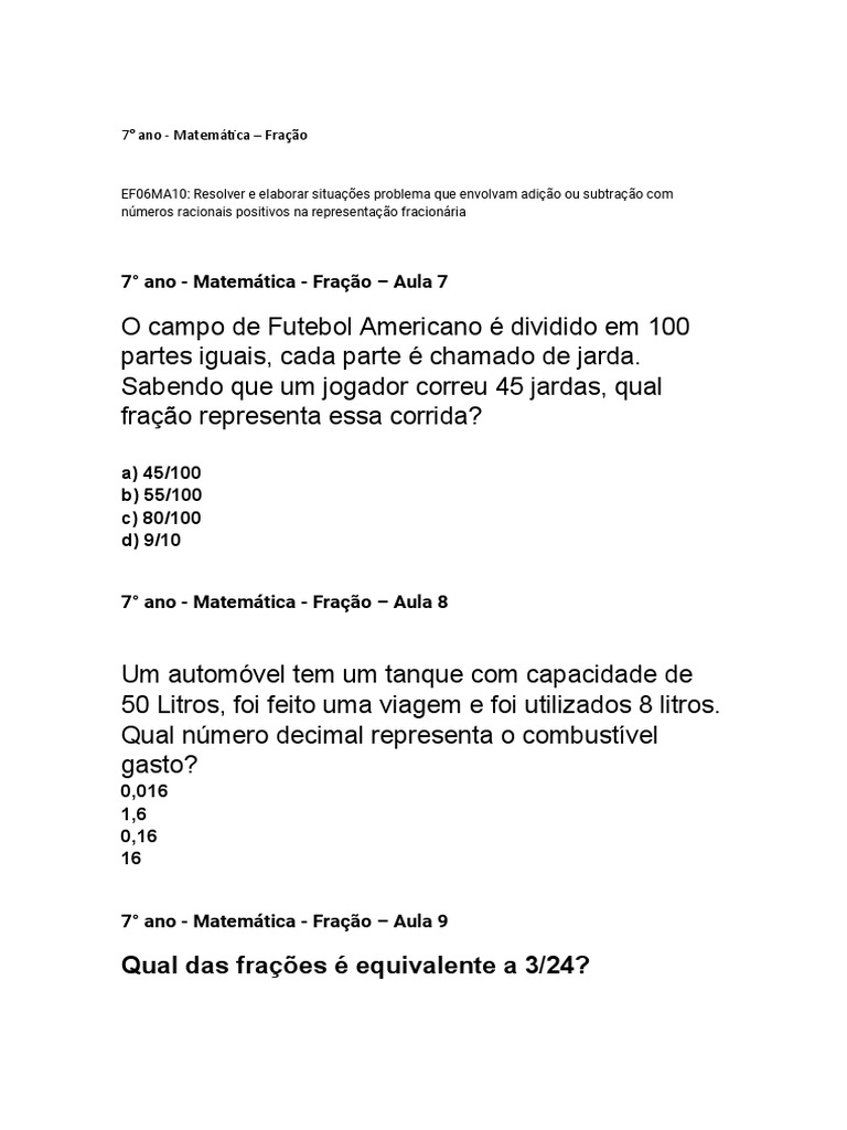 7° Ano - Matemática - Fração | PDF