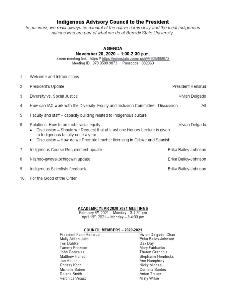 Indigenous Advisory Council To The President - 11-20-20 Agenda | PDF ...