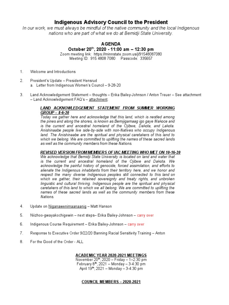 Indigenous Advisory Council To The President - 10-20-20 Agenda | PDF ...