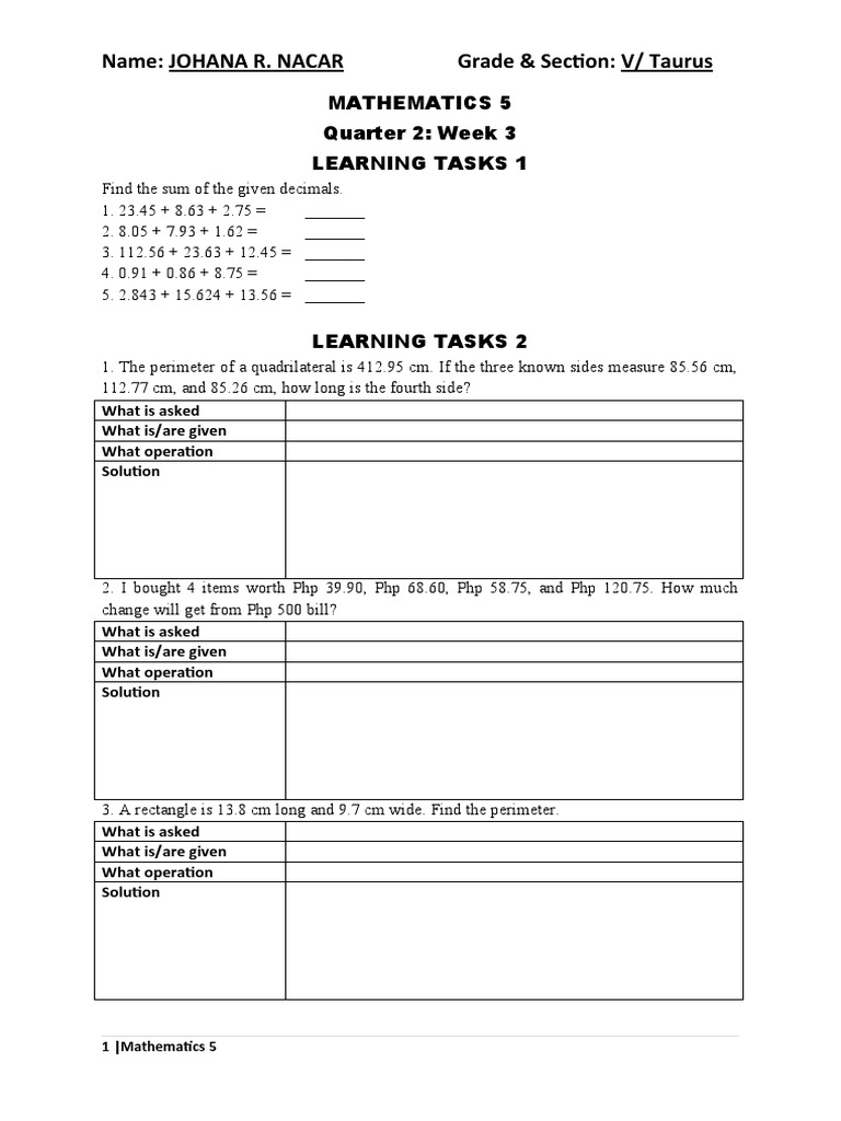 Name: Johana R. Nacar Grade & Section: V/ Taurus: Mathematics 5 Quarter ...
