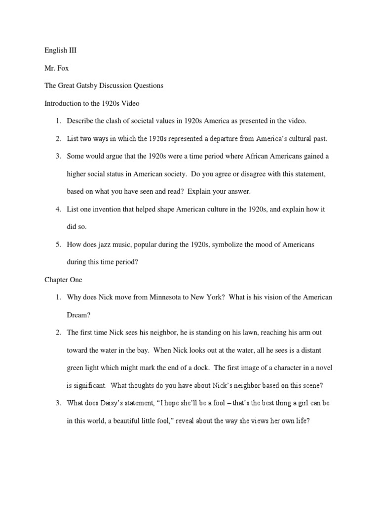 Great Gatsby Discussion Questions Guide | PDF | The Great Gatsby