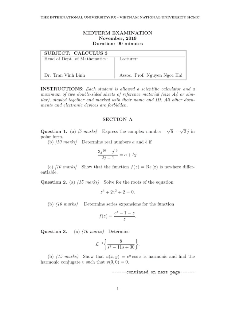 Cal 3 Iu Midterm Exam 11 2019 Qs Pdf Differential Calculus