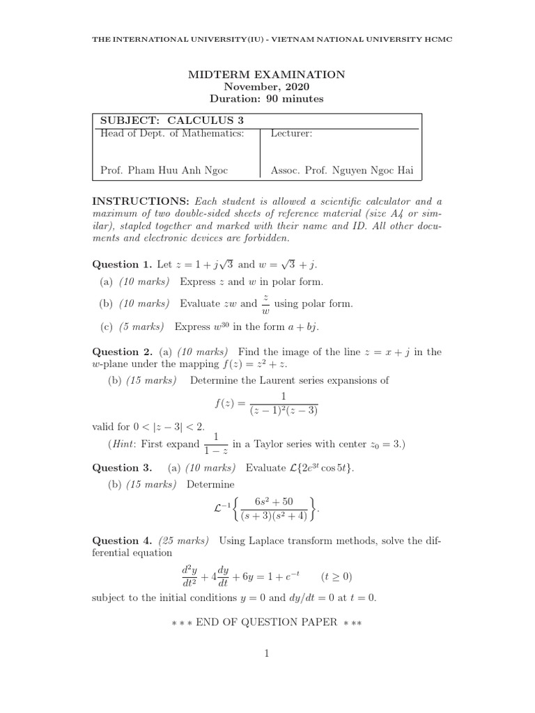 Cal 3 IU Midterm Exam - 11 - 2020 Qs | PDF