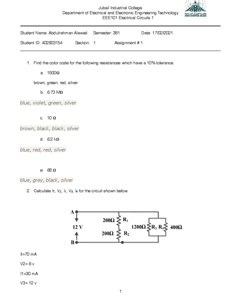 EEE101 Electrical Circuits Assignment | PDF | Series And Parallel Circuits | Resistor