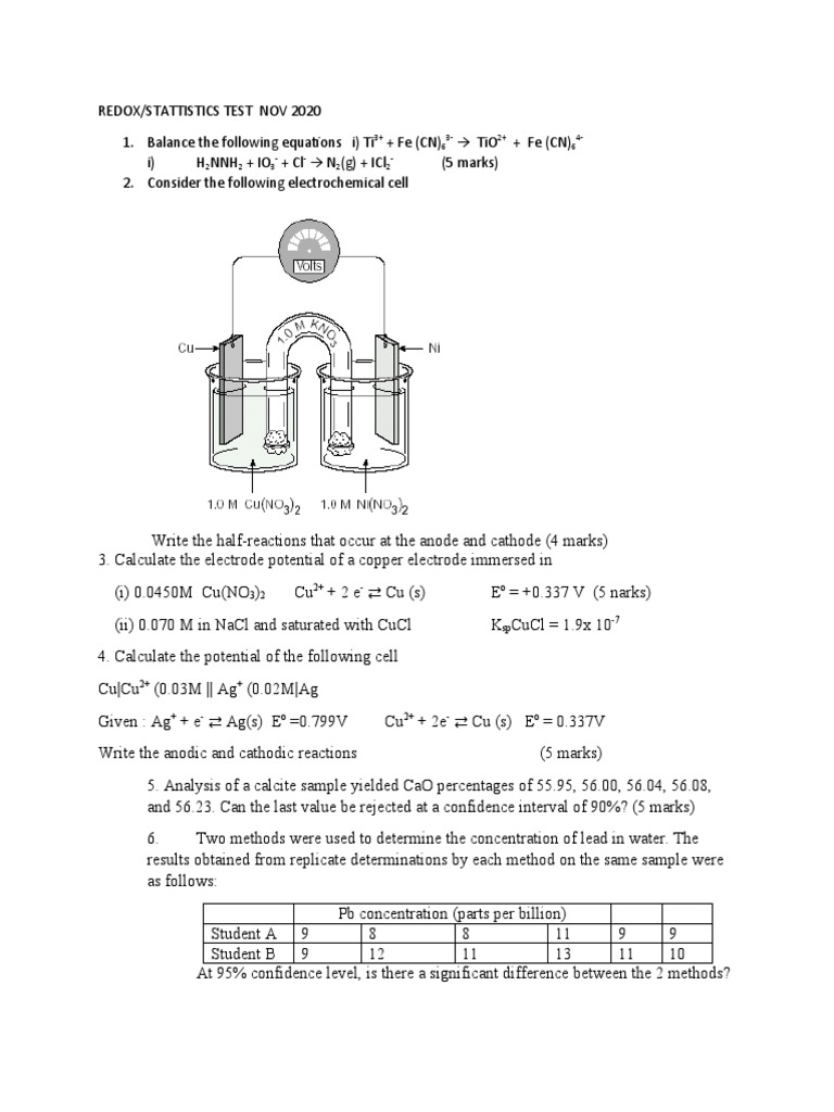 REDOX Stats Test 2020 | PDF | Redox | Electrochemistry