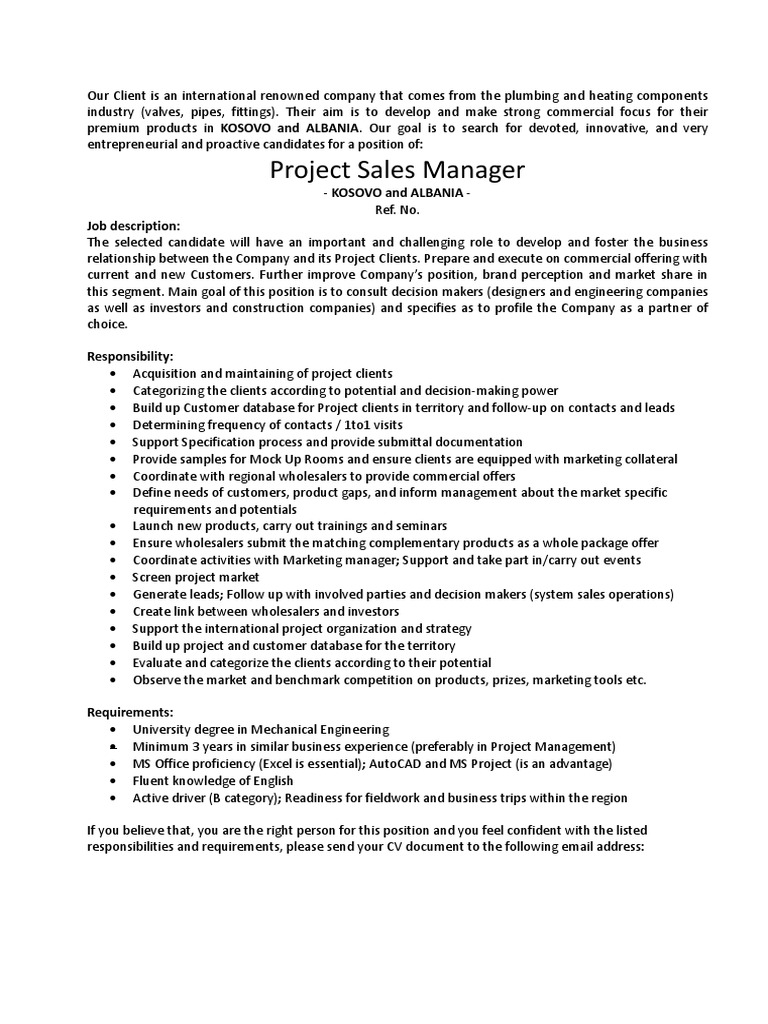 Project Sales Manager in Kosovo & Albania | PDF | Marketing | Decision ...