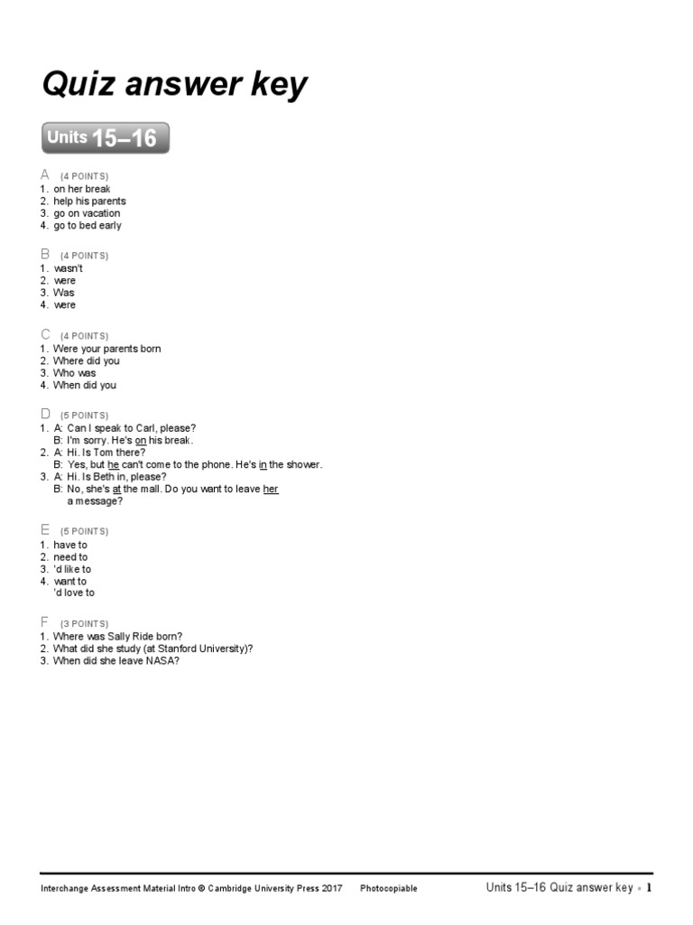 Quiz Answer Key: Units | PDF