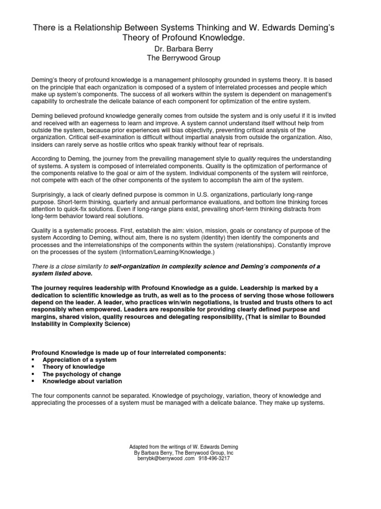 Deming's Profound Knowledge Connects Systems Thinking to Quality ...