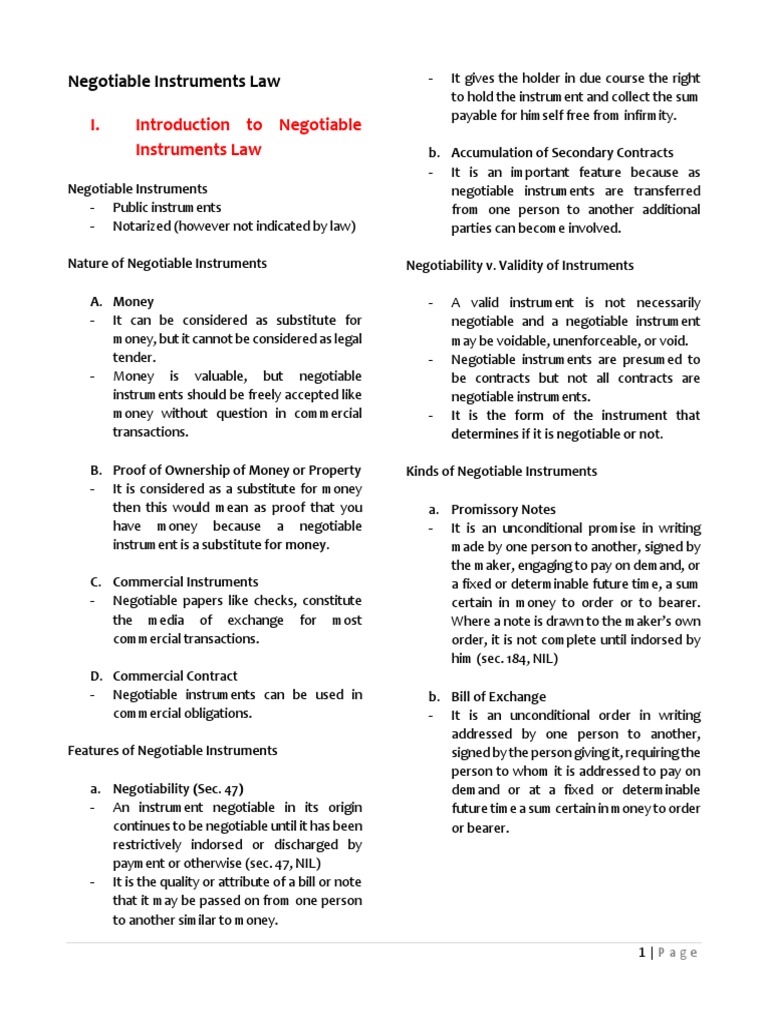 Negotiable Instruments Law Notes Complete | PDF | Negotiable Instrument ...