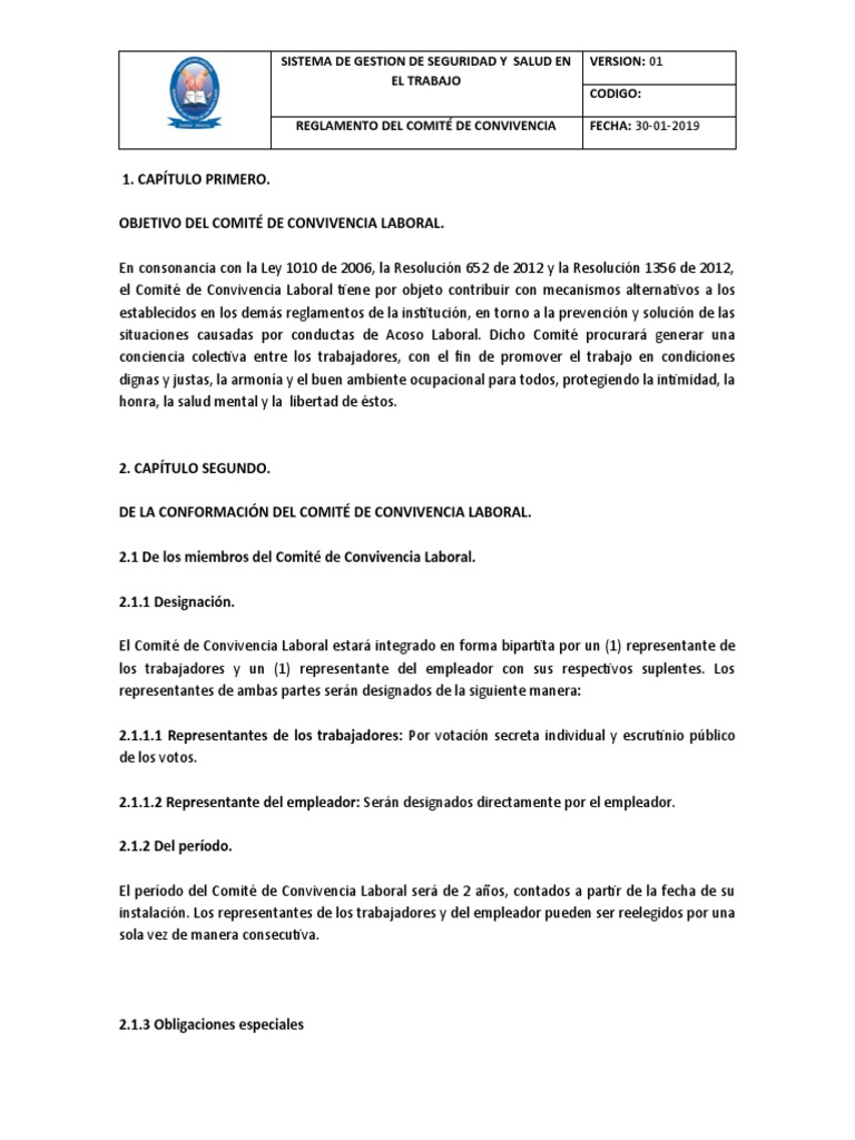 Reglamento Comite de Convivencia Laboral | PDF | Derecho laboral | Regulación