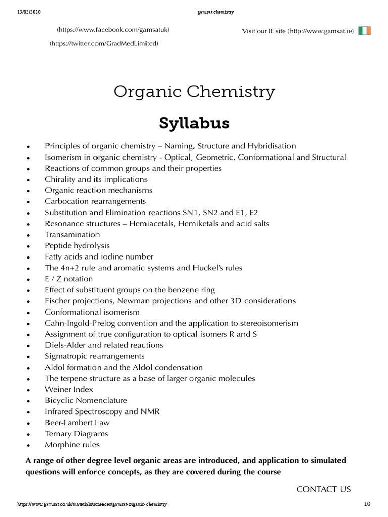 GAMSAT Organic Chemistry Syllabus 2024 | PDF