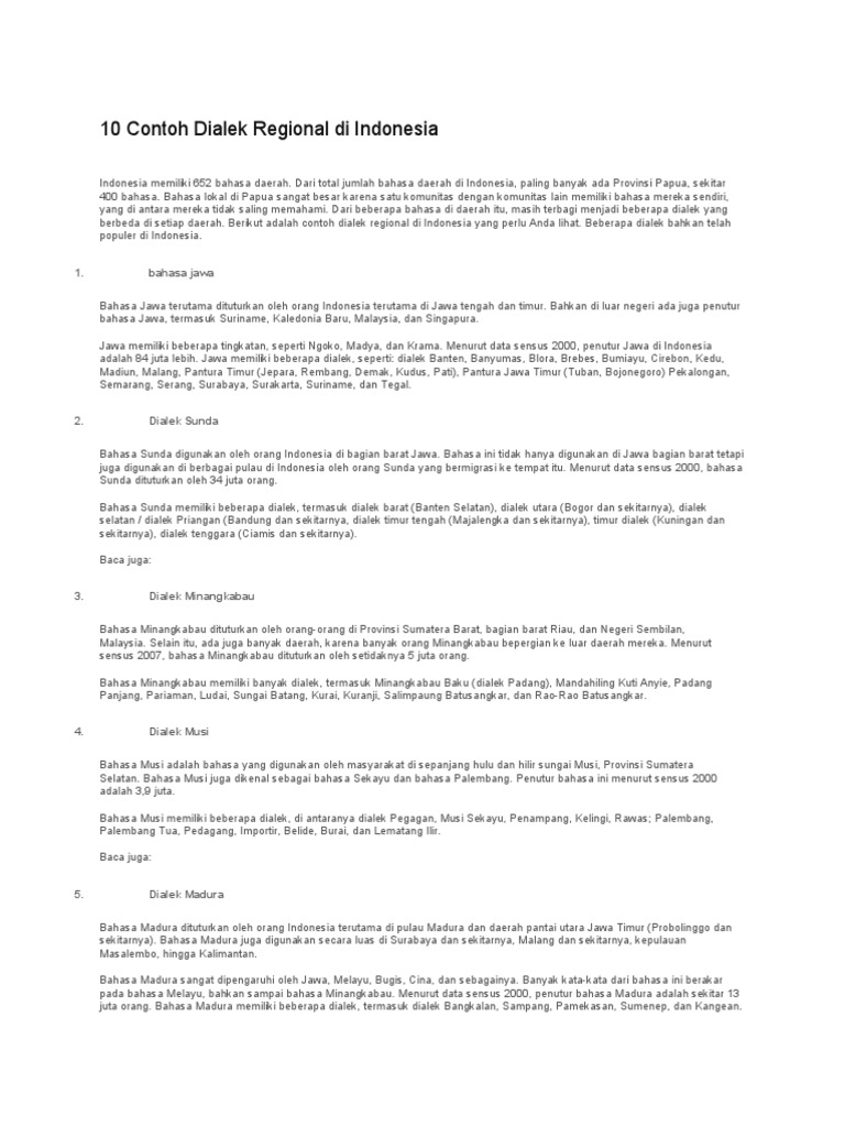 10 Contoh Dialek Regional Di Indonesia | PDF | Perjalanan | Kajian ...