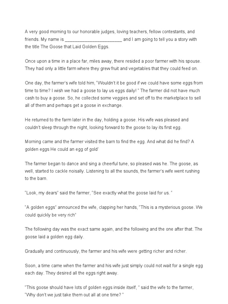 The Goose That Laid Golden Eggs Story (Edited) | PDF