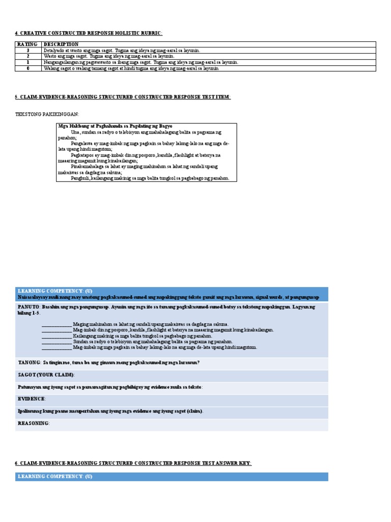 Creative Constructive Response Holistic Rubric Claim Evidence Reasoning ...
