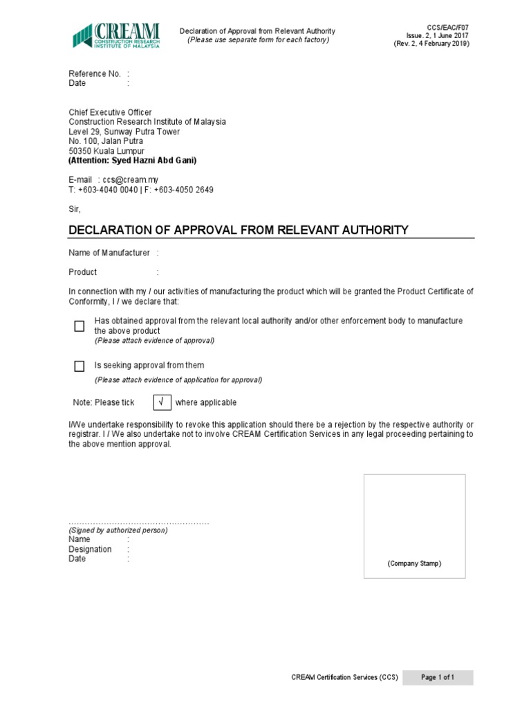 F07 - Declaration of Approval From Relevant Authority (Issue 2 Rev.2) | PDF