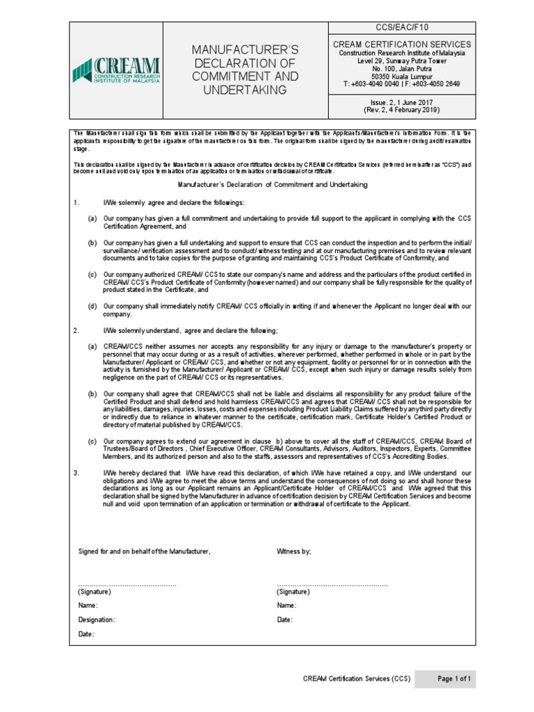 Manufacturer's Declaration for CCS Certification | PDF | Indemnity ...
