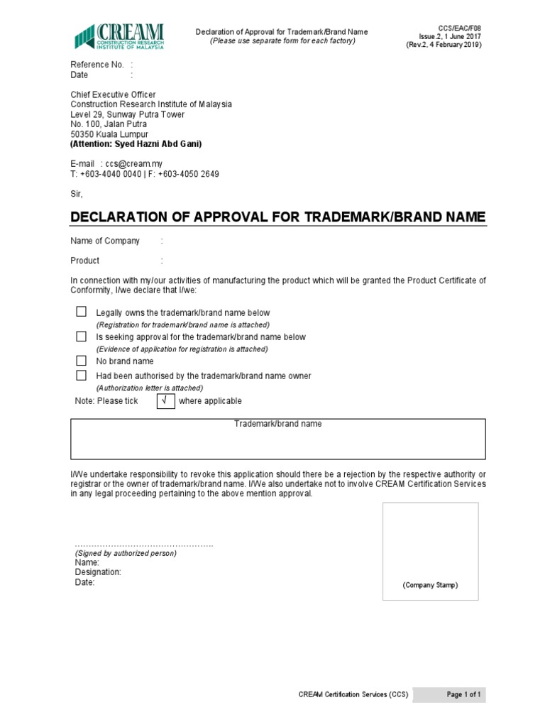 F08 - Declaration of Approval For Trade Mark Registration Brand Name ...