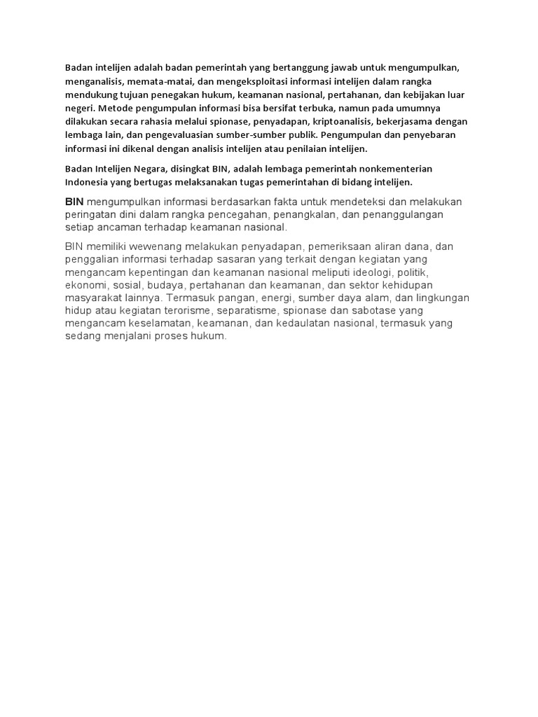 Tugas dan Wewenang Badan Intelijen Indonesia | PDF
