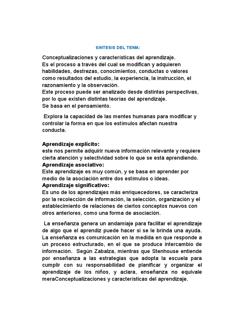 Aprendizaje Explícito:: Sintesis Del Tema | PDF | Teoría del ...