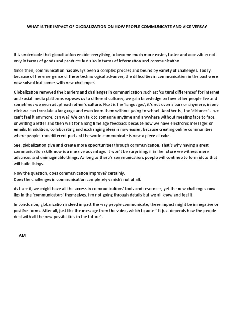 Communication in Globalization Essay | PDF | Social Science