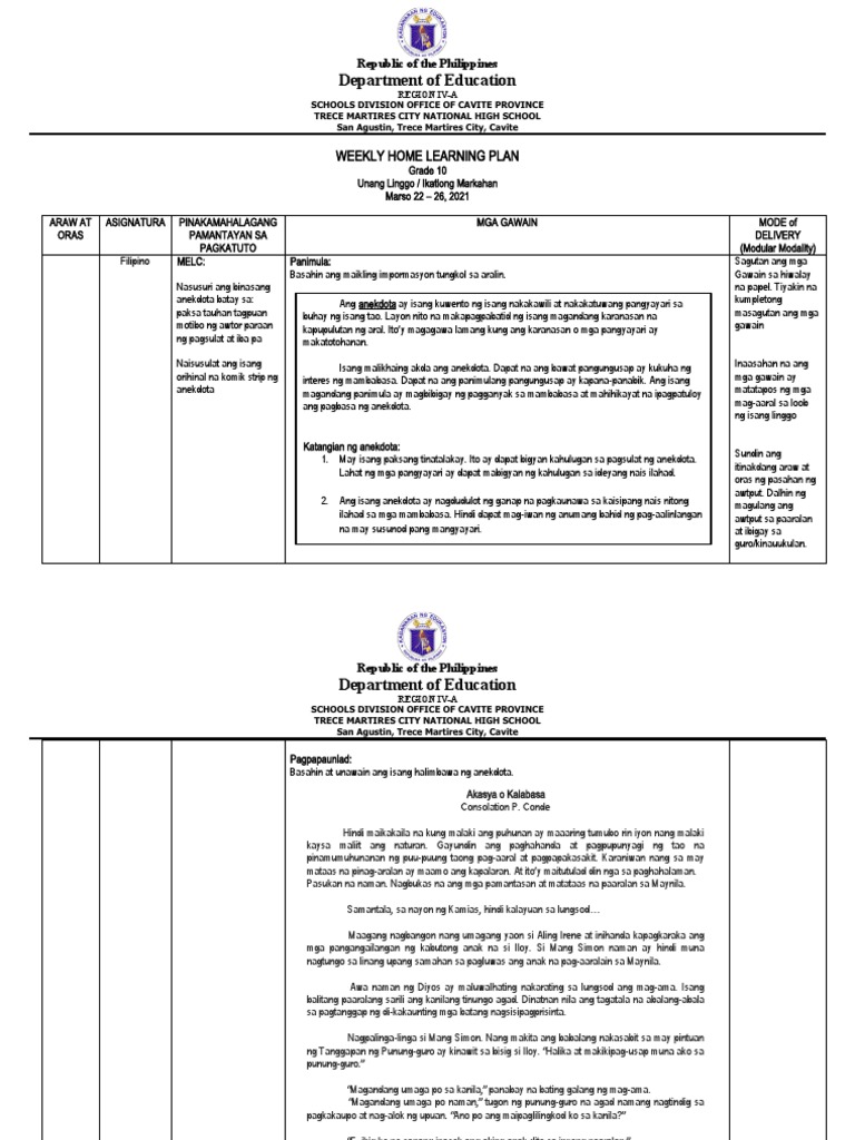 Filipino 10 WHLP Ikatlong Markahan Unang Linggo | PDF