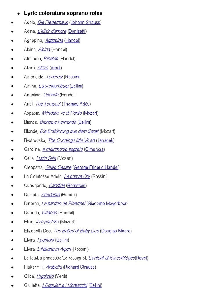 Lyric Coloratura Soprano Roles | PDF | Italian Music | Classical Music