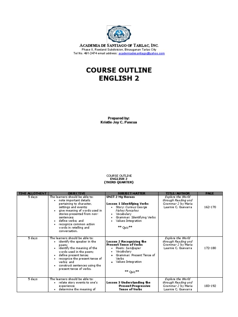 Course Outline English 2: A S T I | PDF | Grammatical Tense | Verb