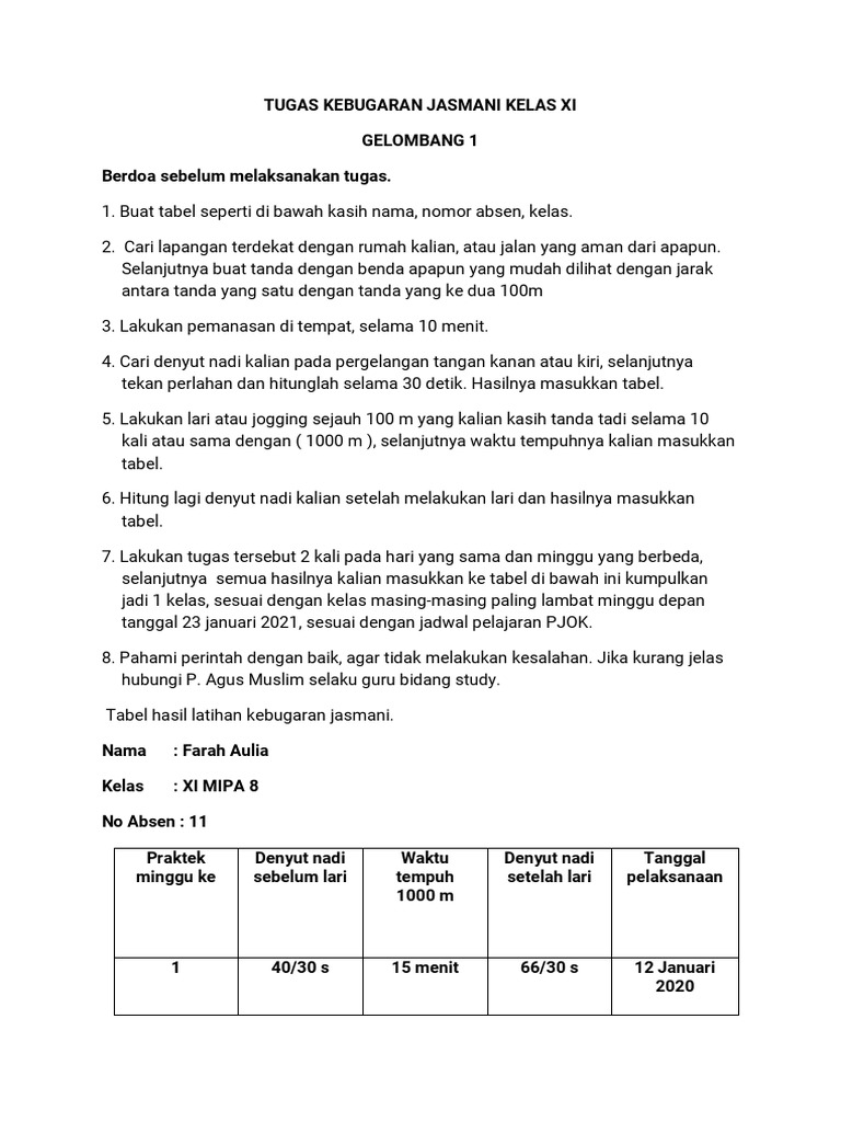 Farah Aulia - Tugas Praktek Kebugaran Jasmani Kelas Xi Mipa 8 | PDF