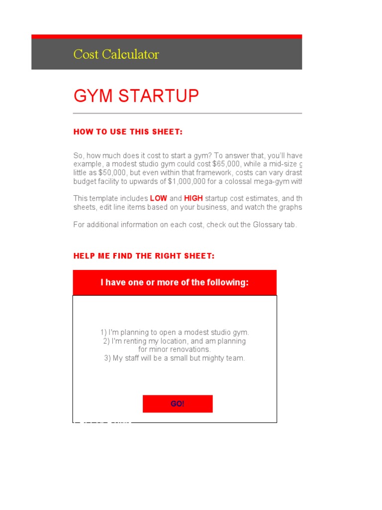 Gym Startup Cost Calculator Template | PDF | Payroll | Fee