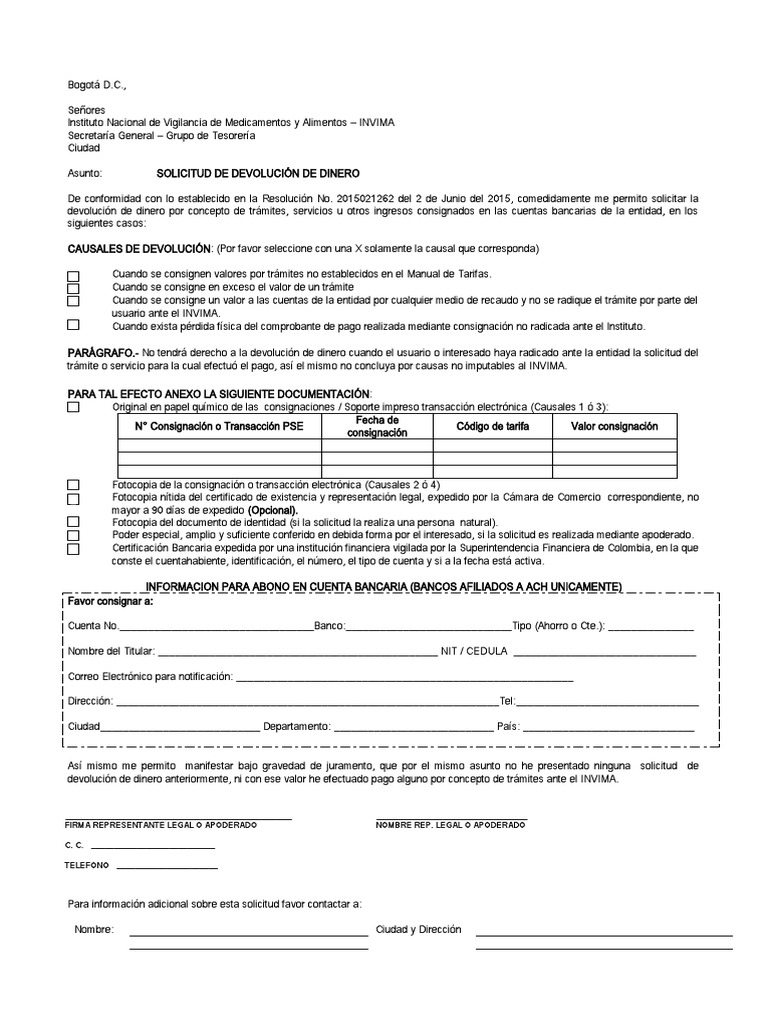 Formato Devolucion De Dinero Pdf Bancos Dinero